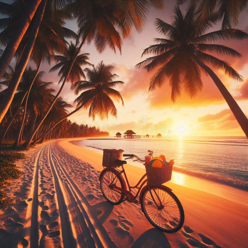 Sunset Beach Scene with Bicycle and Palm Trees Stock Illustration ...