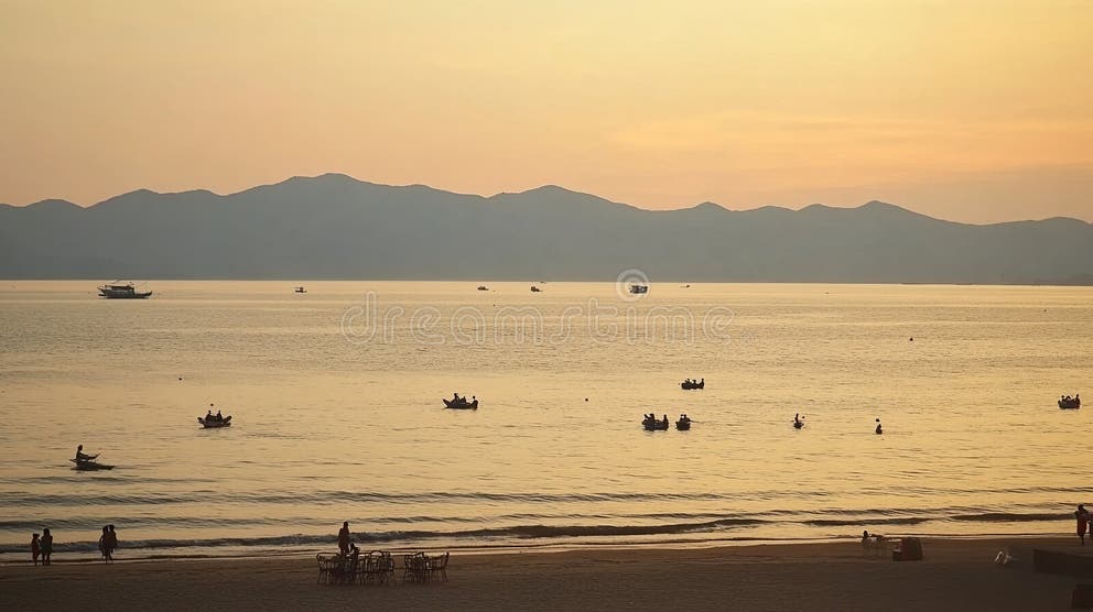 Sunset Beach Scene with Boats and Mountains Stock Image - Image of ...