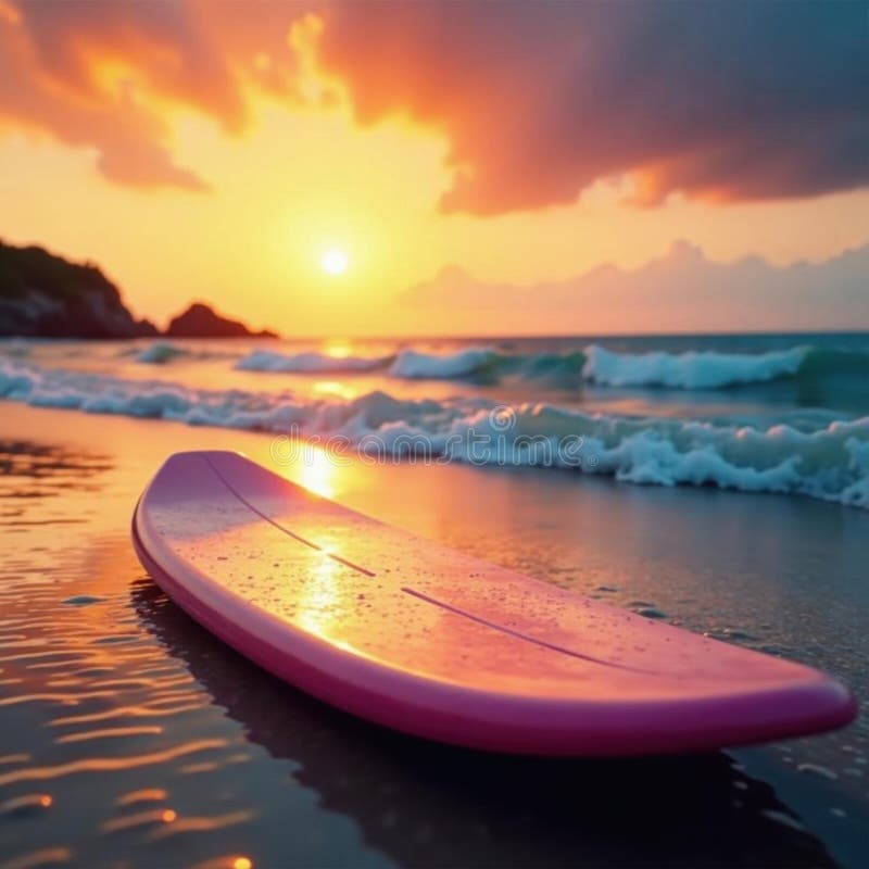 Sunset Beach Scene, Boogie Board Ready for Waves , Freedom, Vibrant ...