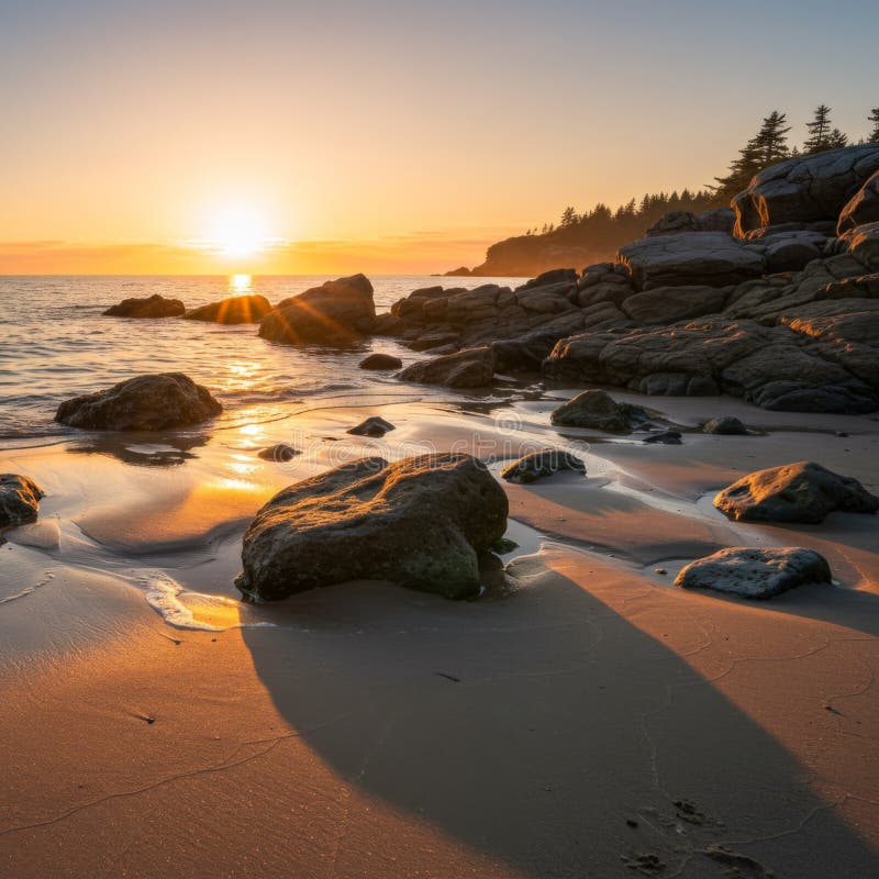 Sunset Beach Scene with Rocks and Golden Light Stock Illustration ...