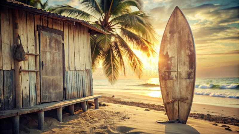 Sunset Beach Scene Rustic Surf Shack, Palm Tree, and Vintage Surfboard ...