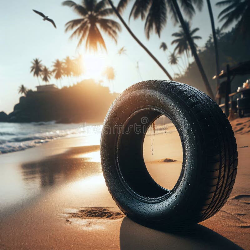 A Sunset Beach Scene with a Tire in the Sand, Evoking Travel and ...