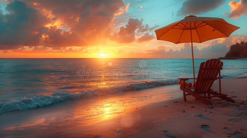 Sunset Beach Scene with Umbrella and Chair - Generative Ai Stock ...