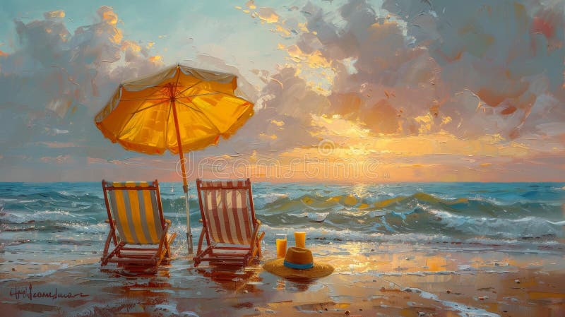 Sunset Beach Scene with Umbrella and Chairs - Generative Ai Stock ...
