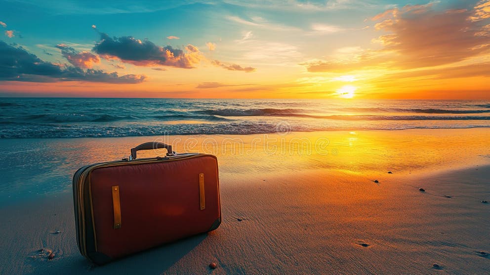 Sunset Beach Scene with Vintage Suitcase Stock Image - Image of ...