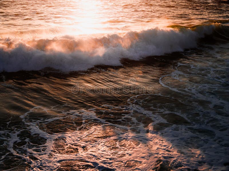 Sunset Beach Scene with Waves Crashing on Shore Stock Image - Image of ...