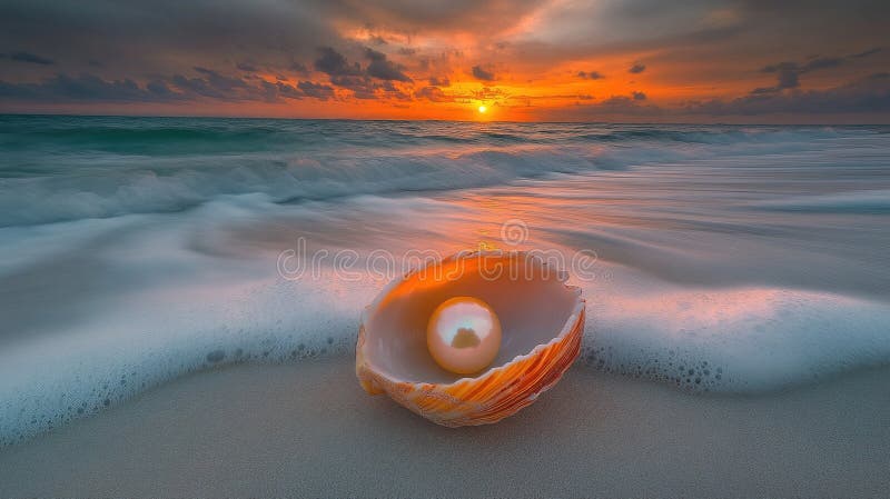 Sunset on a Beach with Shell and Pearl by the Ocean Waves Stock Photo ...