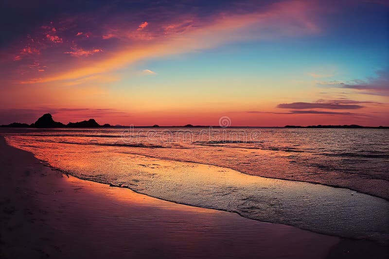A Sunset on a Beach with a Small Island in the Distance and a Pink Sky ...
