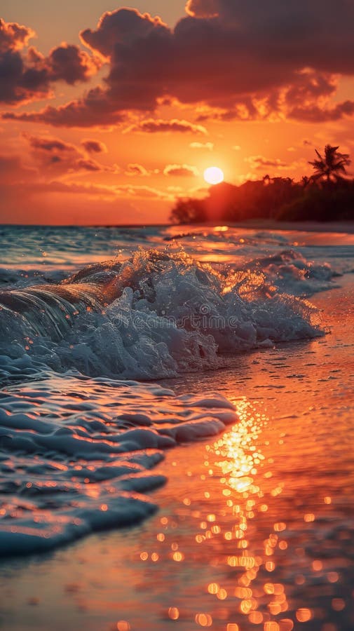 A Sunset on the Beach with Waves Crashing Stock Photo - Image of ...