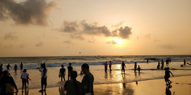 Sunset Beach Waves Enjoying People Editorial Stock Image - Image of ...