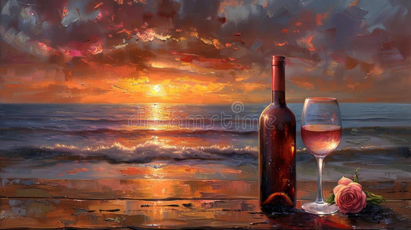 Sunset Beach Wine with Rose - Generative Ai Stock Illustration ...