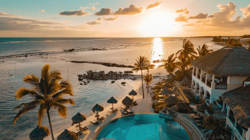 Sunset Beachfront Resort with Infinity Pool Stock Illustration ...