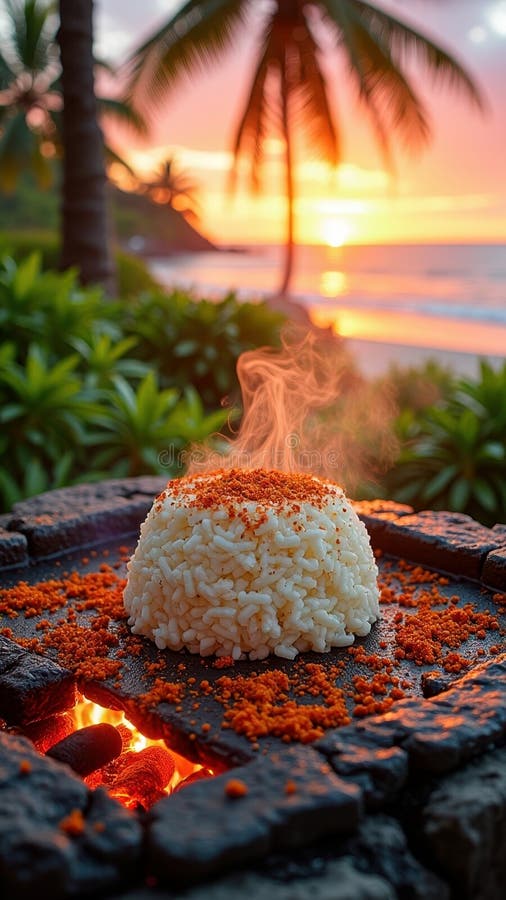 Sunset Beachside Cooking of Steaming Rice with Spices on Open Fire ...