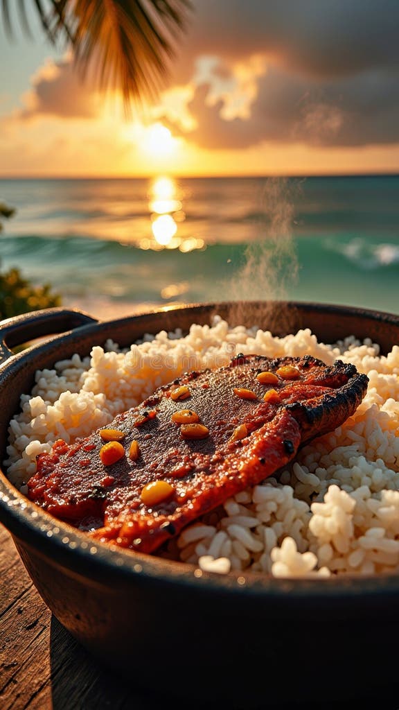 Sunset Beachside Grilled Steak and Rice with Glowing Horizon Stock ...