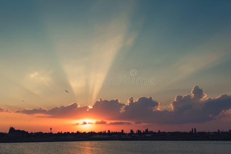 Sunset with Beautiful Sun Rays. Stock Image - Image of skyline, rays ...