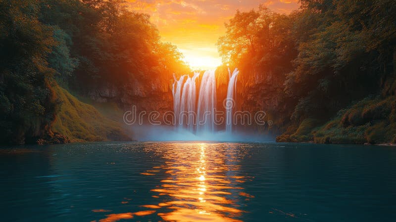 Sunset with Beautiful Waterfall Stock Illustration - Illustration of ...
