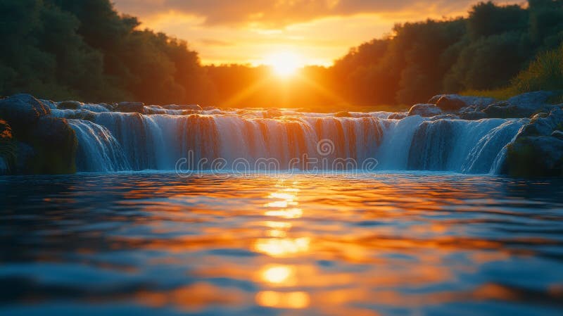 Sunset with Beautiful Waterfall Stock Illustration - Illustration of ...
