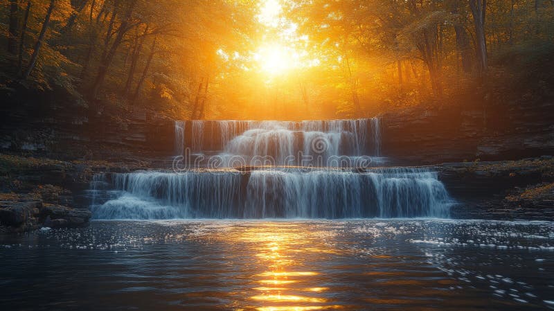 Sunset with Beautiful Waterfall Stock Illustration - Illustration of ...