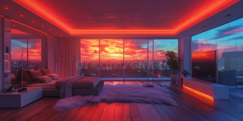 Sunset in a Bedroom with Red Lights on the Ceiling Stock Image - Image ...