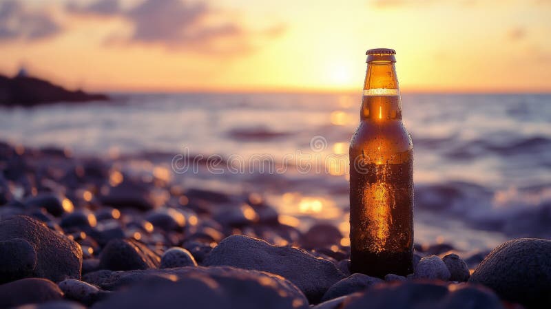 Sunset Beer on Rocky Beach - Refreshing Beverage at Sunset with Ocean ...