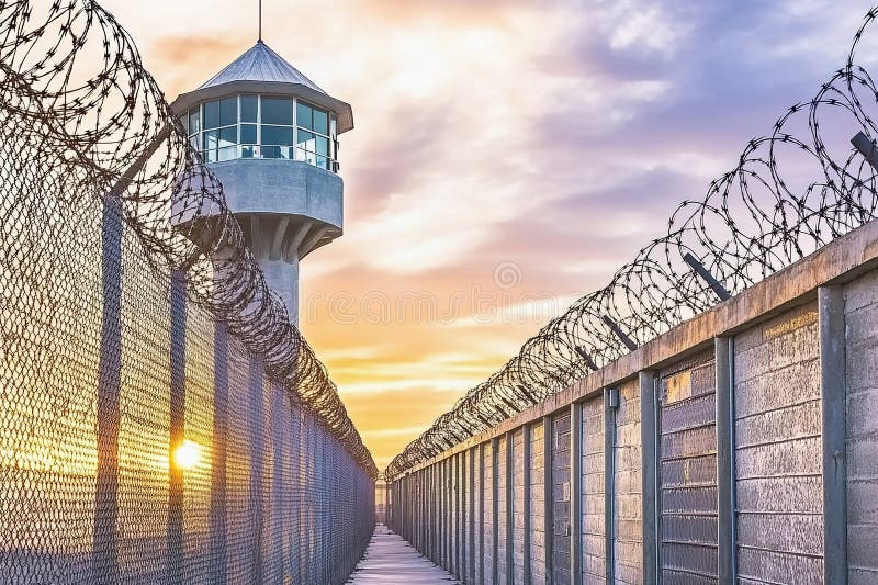 Sunset Behind Barbed Wire Fence and Guard Tower at Prison Facility ...