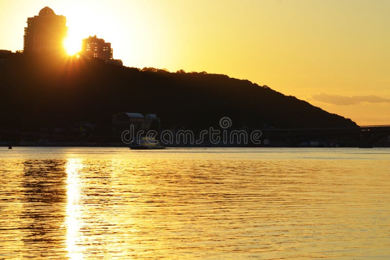 Sunset Behind the Building Above the River Stock Photo - Image of city ...