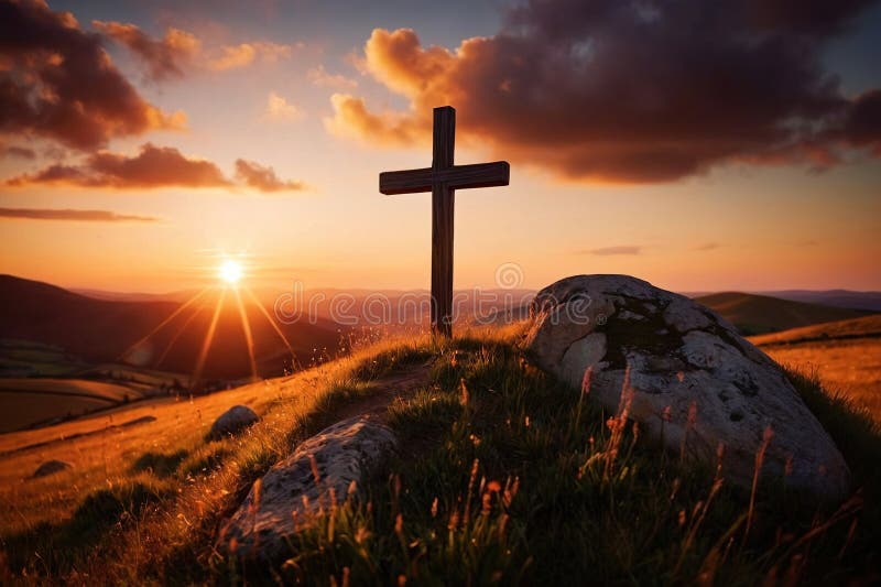 Sunset Behind Cross in Easter Landscape Stock Illustration ...