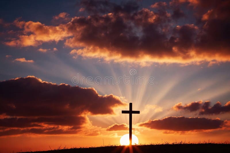 Sunset Behind Cross in Easter Landscape Stock Illustration ...