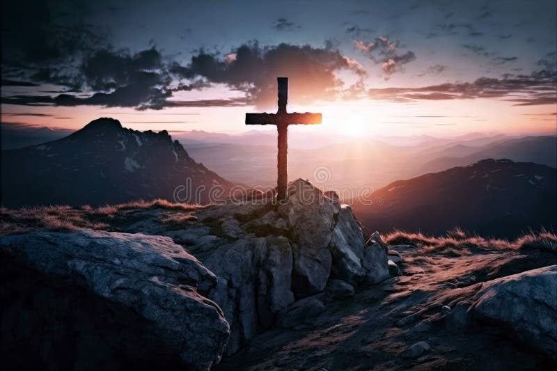 Sunset Behind Cross on Mountain Top , Cinematic. Generative AI Stock ...