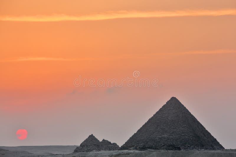 Sunset Behind Distant Egyptian Pyramids Stock Photo - Image of history ...