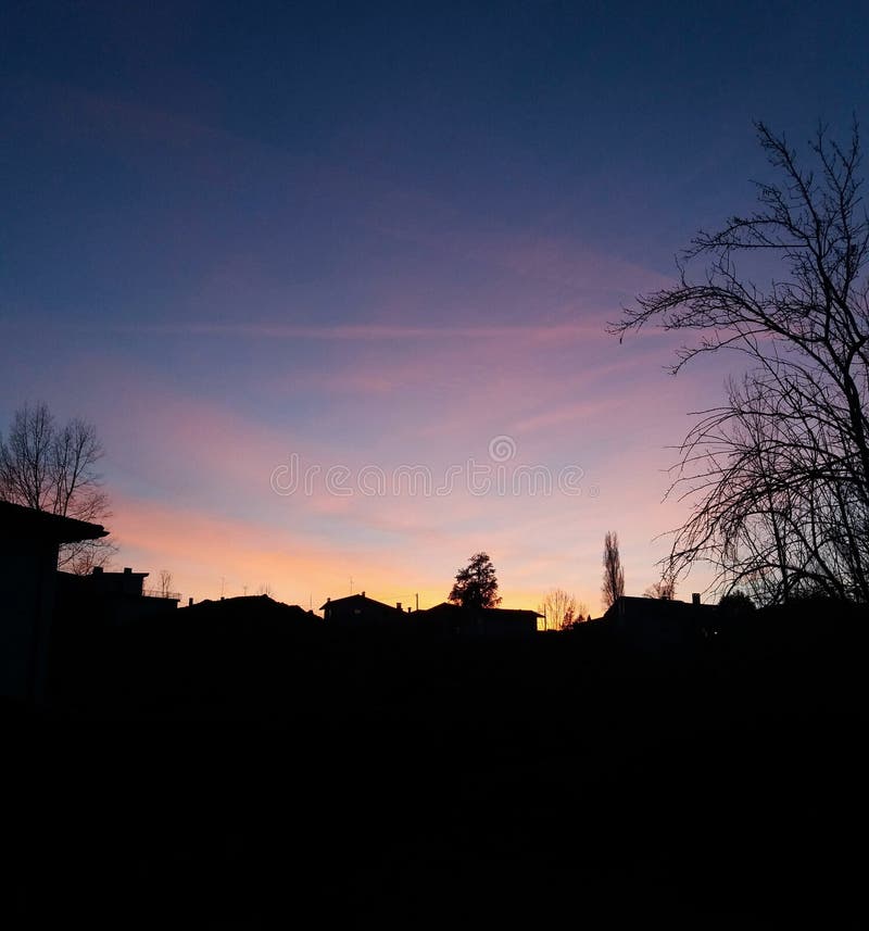 Sunset stock image. Image of trees, house, shade, sunset - 83962745