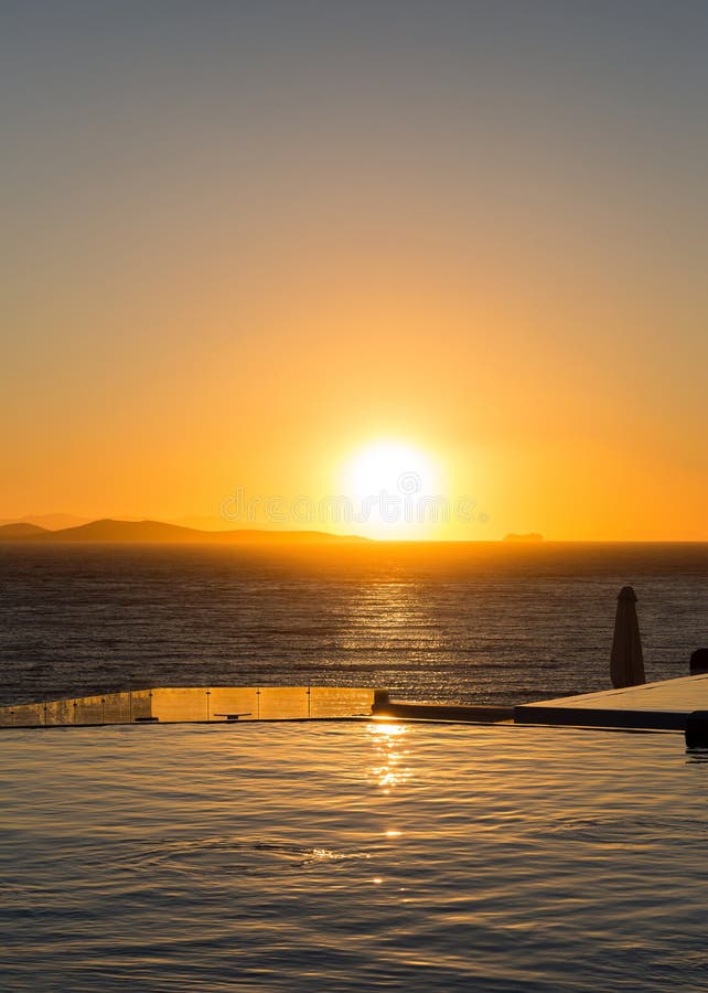 Sunset Behind Infinity Pool and Mediterranean Sea Stock Image - Image ...