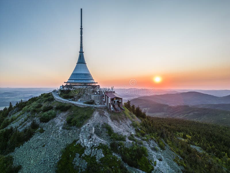 Sunset Behind Jested Mountain from Above Stock Photo - Image of foggy ...