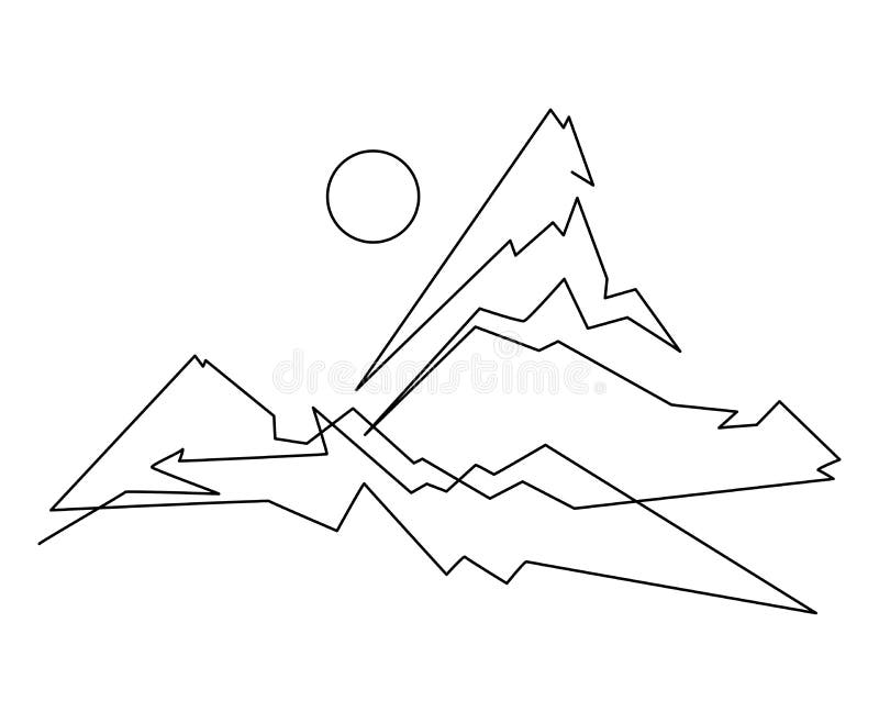Sunset Behind the Mountains. Mountain Peaks. Continuous Line Drawing ...