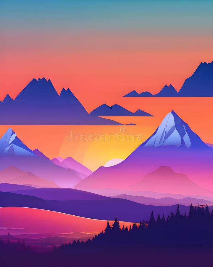 Sunset Behind the Mountains Stock Illustration - Illustration of ...