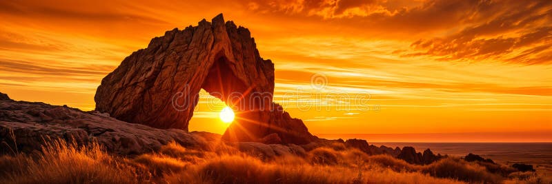 Sunset Behind Rock Formation Stock Illustration - Illustration of ...