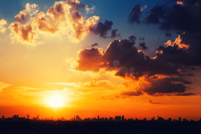 Sunset Behind Skyscraper View of Many Buildings Stock Image - Image of ...
