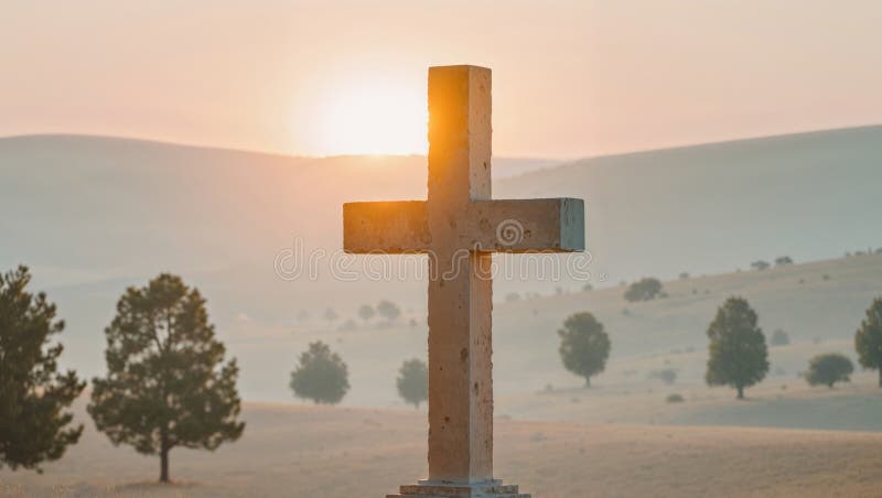 Sunset Behind Stone Cross in Serene Landscape Stock Image - Image of ...