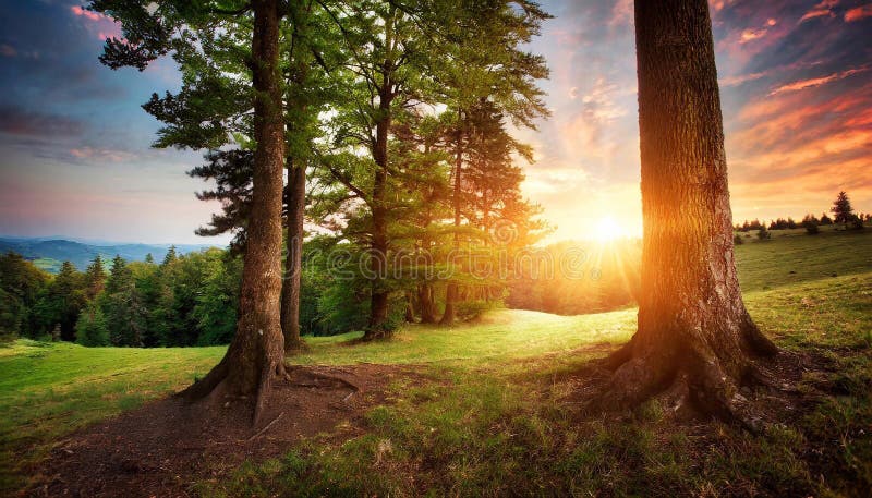 Sunset from Behind a Tree in a Forest Clearing. Stock Photo - Image of ...