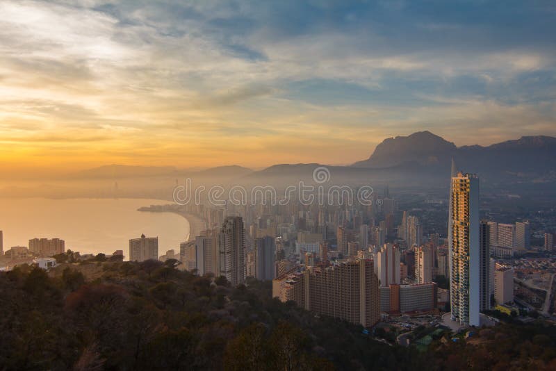 Sunset in Benidorm stock photo. Image of coast, spain - 61706378