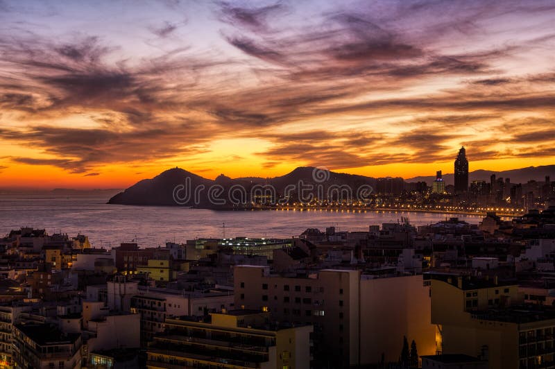 Sunset in Benidorm stock photo. Image of coast, spain - 61706378