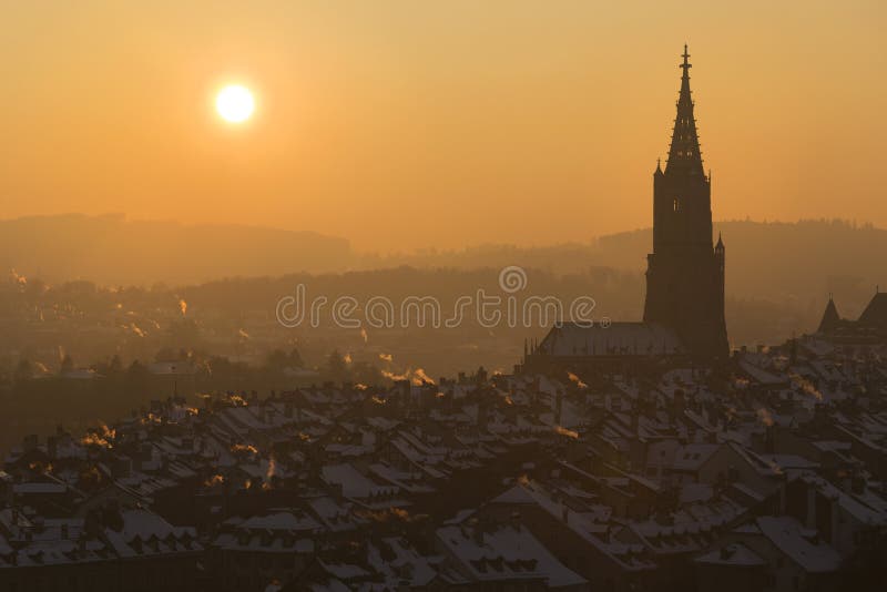 Sunset in Bern stock image. Image of town, europe, chimney - 94143473