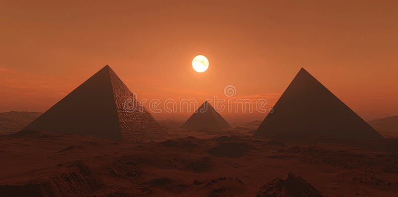 Sunset and Big Moon Over the Pyramids in Ancient Egypt Stock Photo ...