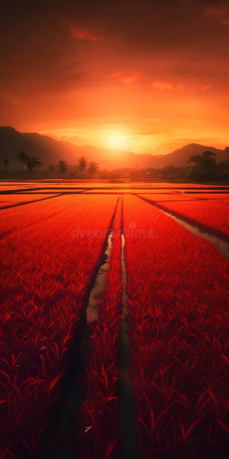 Sunset with a Big Red Sun Setting on the Rice Fields Horizon ...