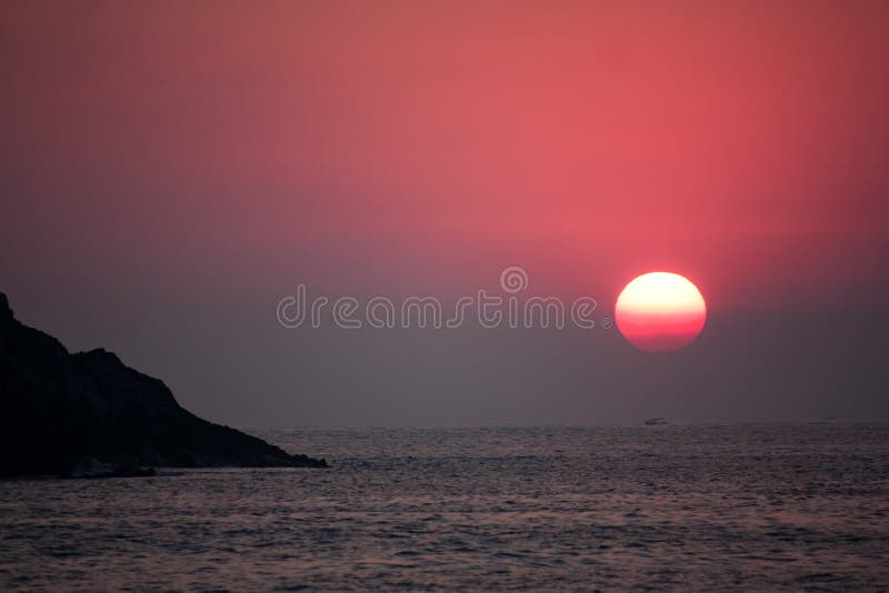 Sunset with big sun stock photo. Image of boat, colors - 95686824