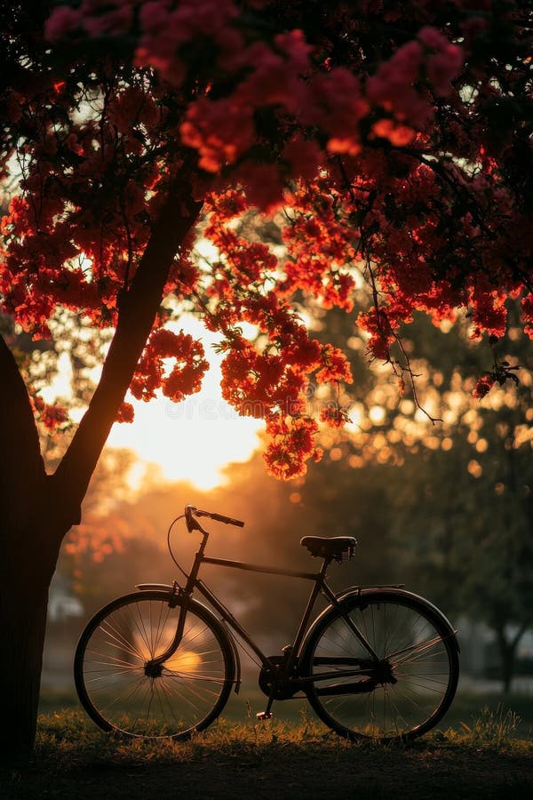 Sunset Bike Ride Under Blossoms Stock Illustration - Illustration of ...