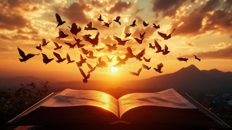 Sunset Birds Flying from Open Book Stock Photo - Image of romantic ...