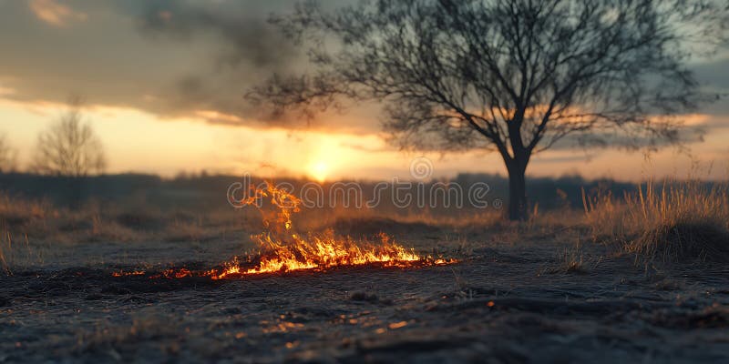 Sunset Blaze Dramatic Landscape Photography Fiery Field Lone Tree Stock ...
