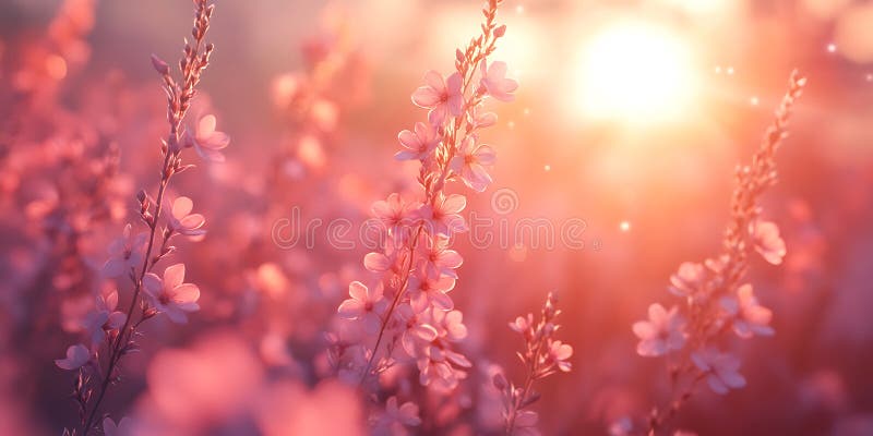 Sunset Blossom Background Pink Flower Field Soft Focus Warm Light Stock ...