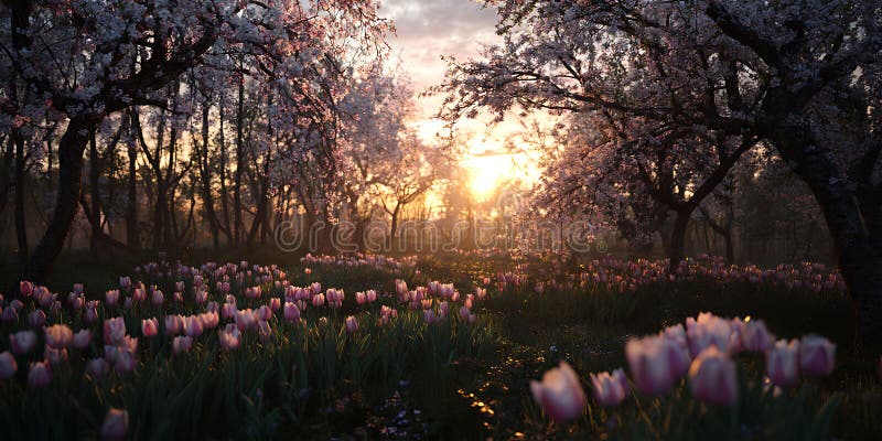 Sunset Blossom Magical Springtime Scene Stock Illustration ...